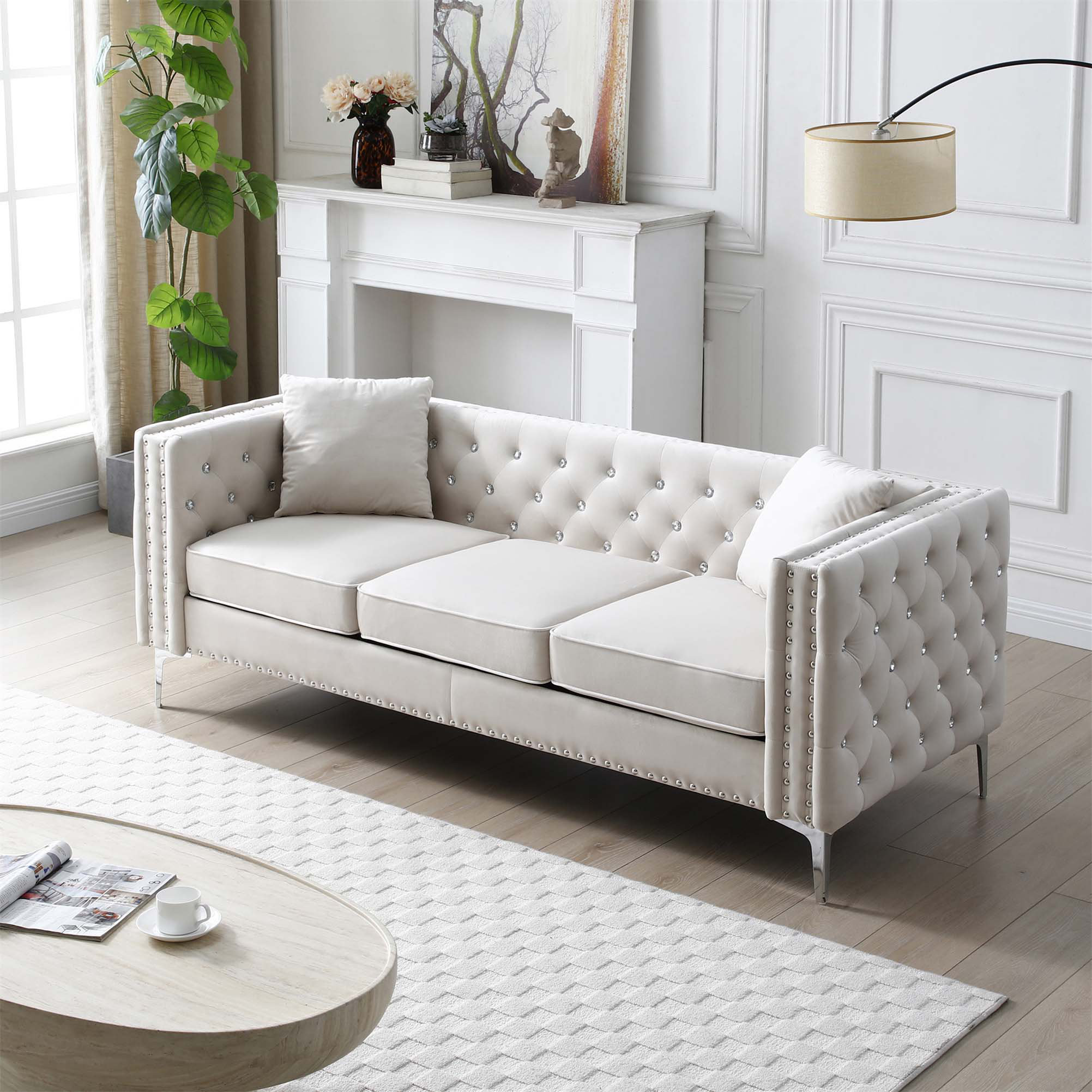 Rosdorf Park 82.3" Width Modern Velvet Sofa Jeweled Buttons Tufted Square Arm Couch ,2 Pillows ...